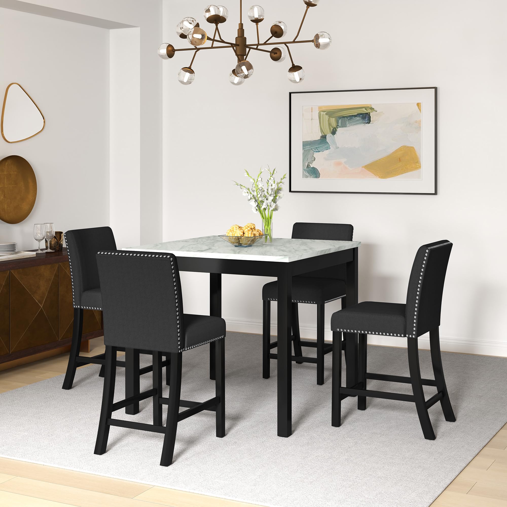 Harper & Bright Designs 5-Piece Counter Height Dining Table Set,Kitchen Table Set with One Faux Marble Dining Table and 4 Upholstered-Seat Chairs for Kitchen and Living Room Furniture,Gray