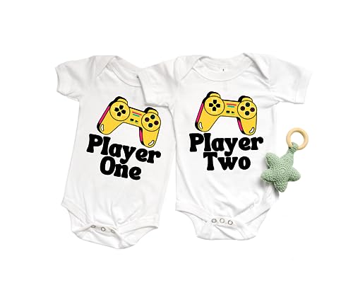 Player One Player Two gaming remote control themed baby boy and girl bodysuits matching twin sets (6-9 Month US)