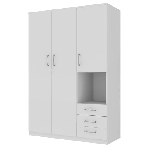 TINIMONI Modern 3-Door Wooden Wardrobe Armoire, Closet Organizer with Shelves, Drawers, and Hanging Rod, Stylish Storage Solution for Bedrooms, White