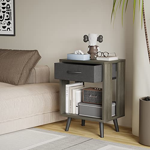 GYIIYUO Nightstand Set of 2 with Fabric Drawers and Open Shelves - Gray Bedroom Side Tables