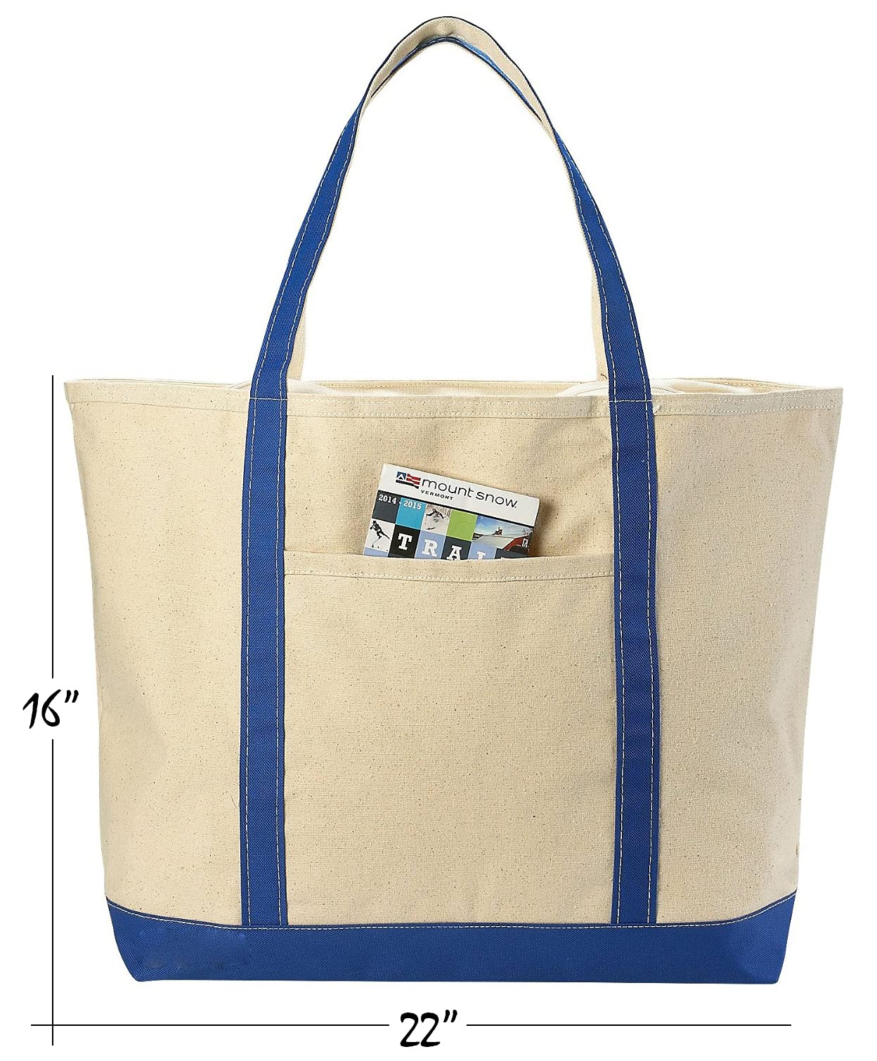 Handy Laundry Canvas Tote Beach Bag - Large Bags with Shoulder Straps, Strong Enough to Carry Beach Gear and Wet Towels. Front Pocket, Zippered Top Closure. (Royal Blue)