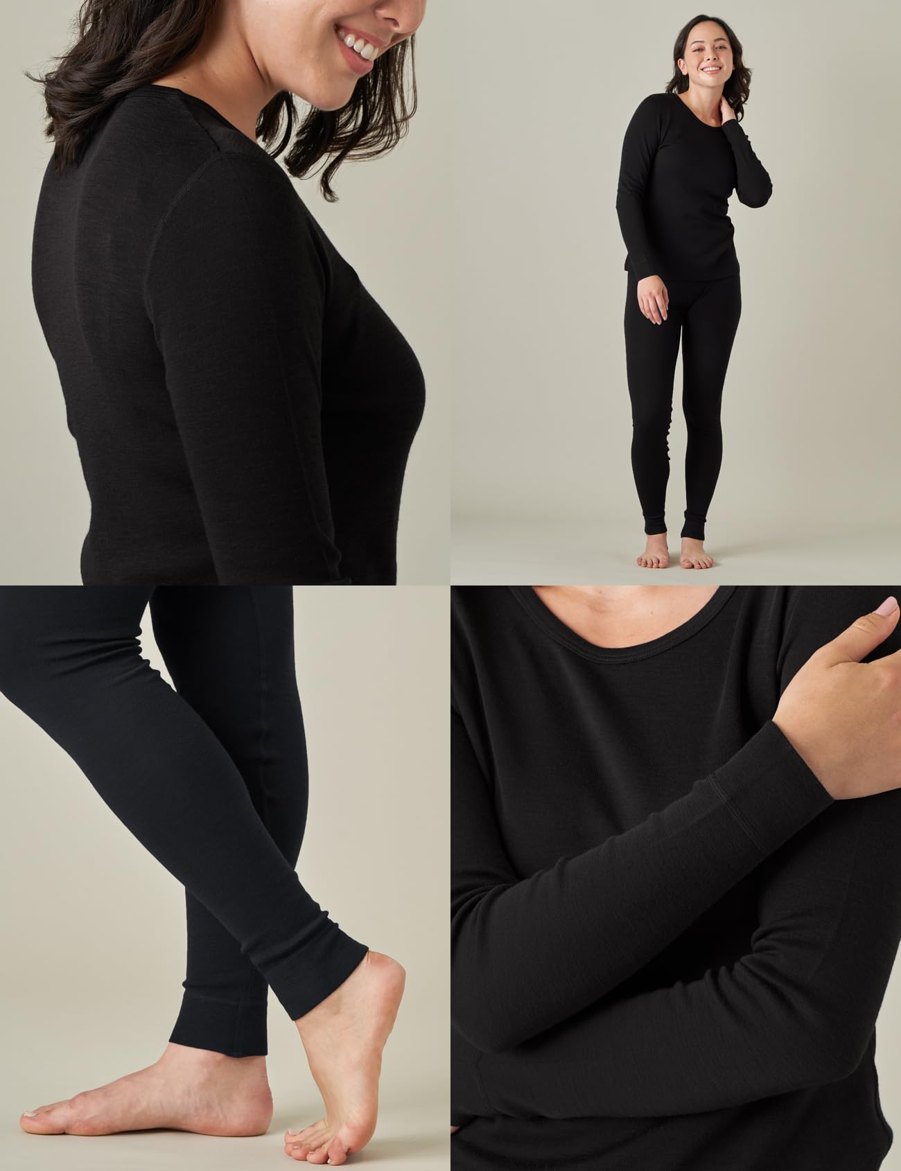 LAPASA Womens 100% Merino Wool Base Layer Set Lightweight Thermal Underwear Long John Top & Bottom Warm Cold Weather L58 XX-Large 1. Lightweight Black 1 Set