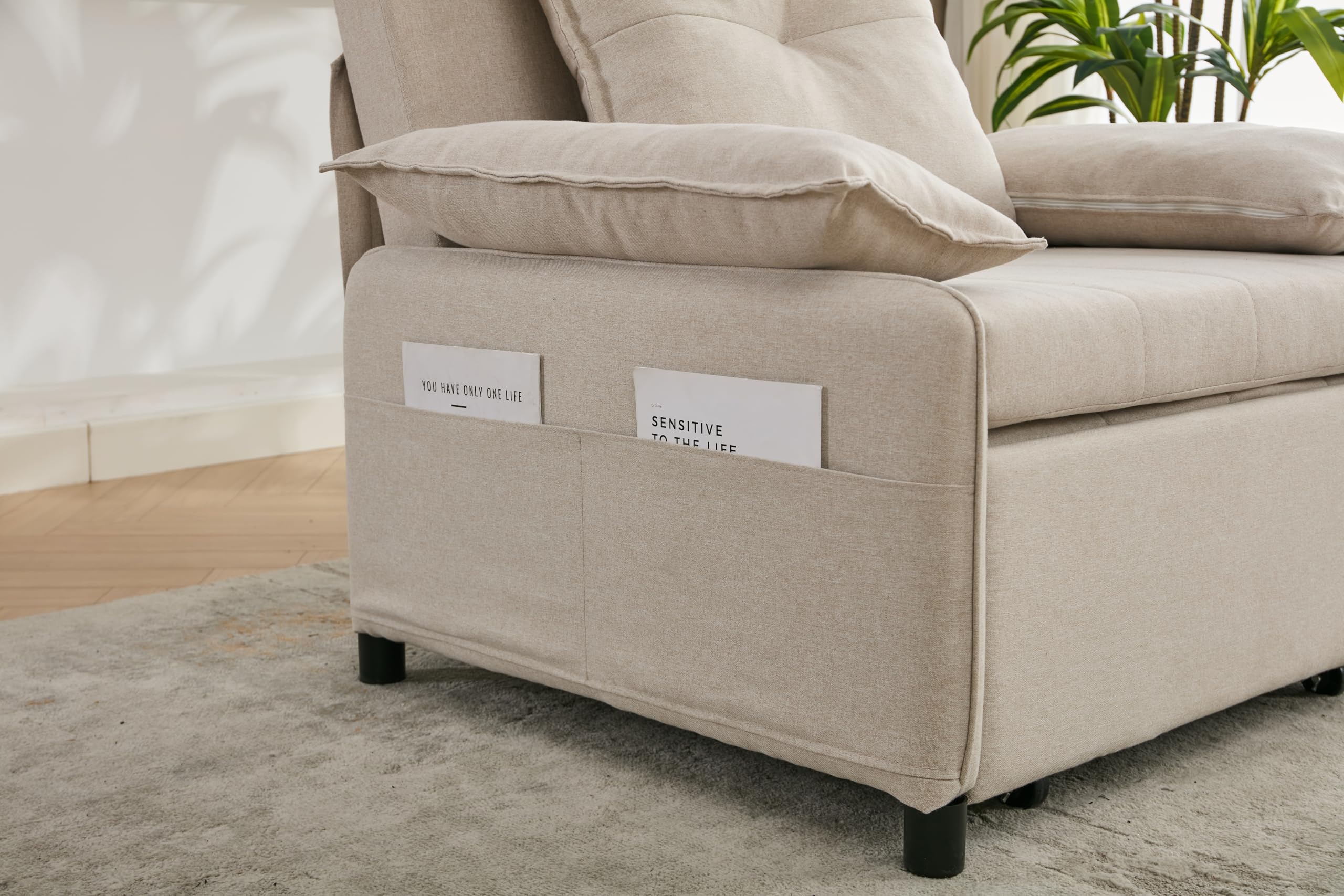 WOTSTA Sleeper Chair,3-in-1 Convertible Chair Bed Pull Out Sleeper Chair Beds,Adjustable Sofa Bed with 2 Side Pockets for Living Room, Study, Small Space,Beige
