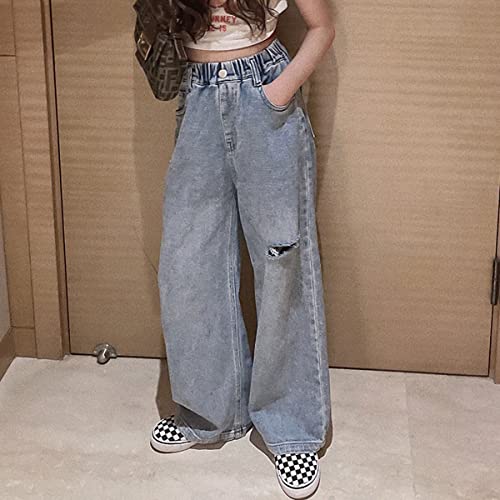YaYabroe Kids Girls Ripped Distressed Washed Baggy Wide Leg Casual Jeans Size 5-14 yrs (11-12 Years, Blue)
