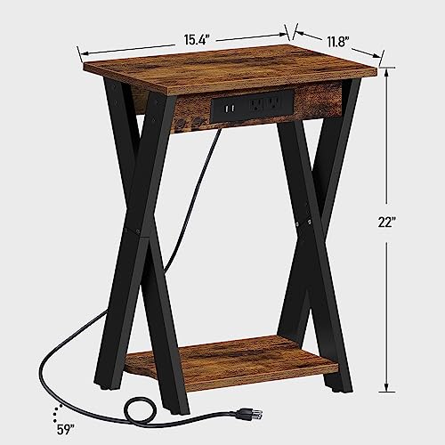 TUTOTAK End Table with Charging Station, X Shaped Side Table with USB Ports and Outlets, Nightstand, 2-Tier Storage Shelf, Sofa Table for Small Space, Brown TB01BB048