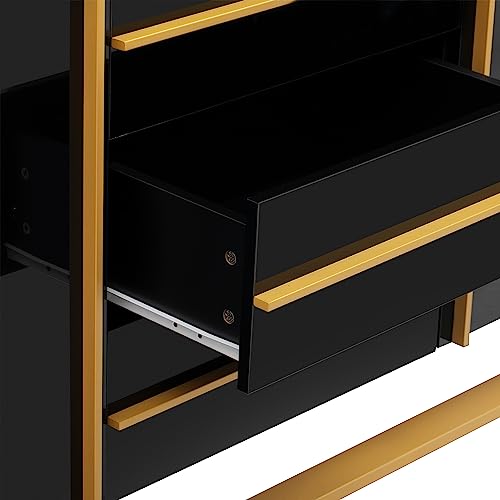 WADRI 59" Sideboard with 3 Drawers and 2 Cabinets, Wood Accent Storage Cabinet with Adjustable Shelves and Gold Metal Legs, Cabinet Console Table for Living Room, Home Office (Black + MDF-A46)