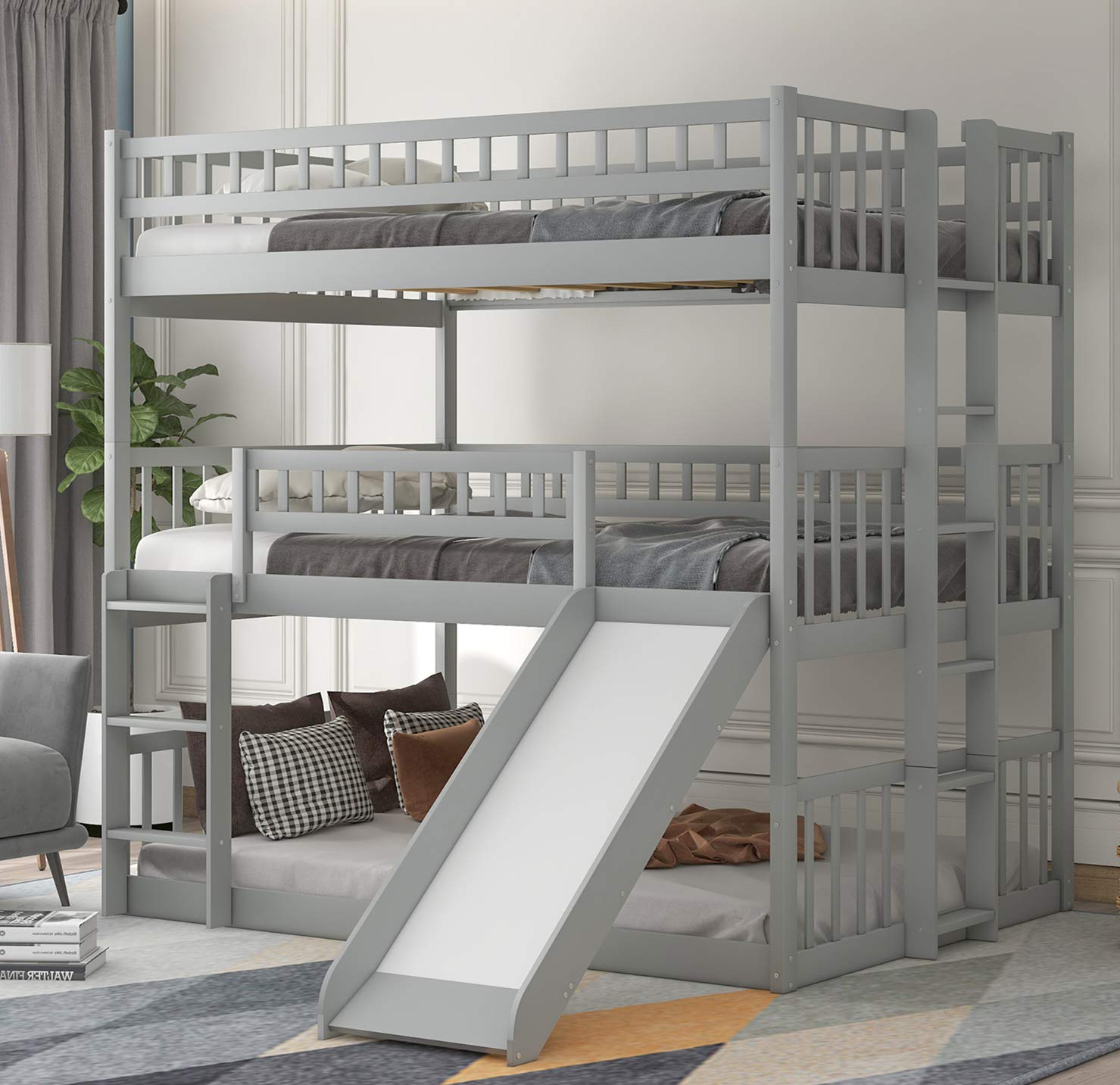 Harper & Bright Designs Triple Bunk Beds with Slide ,Wooden Bunk beds Full Over Full Over Full ,Floor Triple Bunk Bed with Ladder & Guardrails for Kids/Teens/Adults,Can be Convertible to 3 Beds,Gray