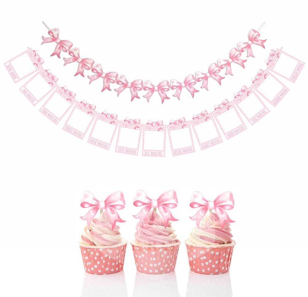 Pink Bow Garland+24Pcs Bow Cupcake Toppers,Bow Banner, Shower Decor,Pink Welcome Baby,Dessert Table Bunting,Coquette Theme Decorations,Double Sided