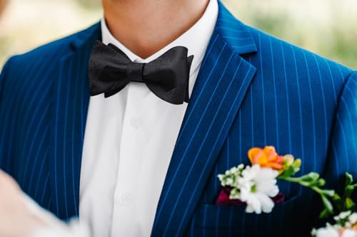 HISDERN Mens Black Bow Ties Floral Paisley Self Bow Ties for Men Formal Woven Silk Pocket Square Set with Gift Box for wedding