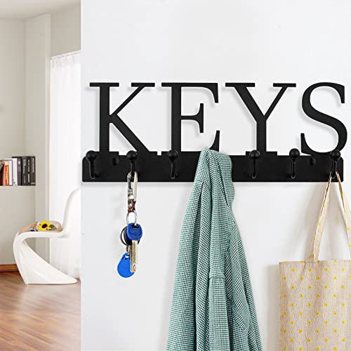 HLWDFLZ Key Holder for Wall - Wall Mounted Key Hangers with 7 Key Hooks, Wall Decorative Organizer Rack for Entryway Mudroom Front Door Kitchen Hallway Office 10 X 4 inches (BLACK KEYS)
