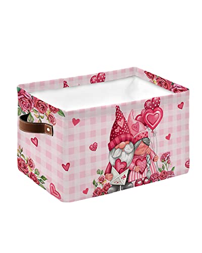 Valentine's Day Gnomes Storage Bins Shelf Baskets, Collapsible Cube Basket with Handles, Pink Plaid Love Heart Roses Waterproof Organizer for Toys/Closet/Blanket 15"x11"x9.5", 1 Pack