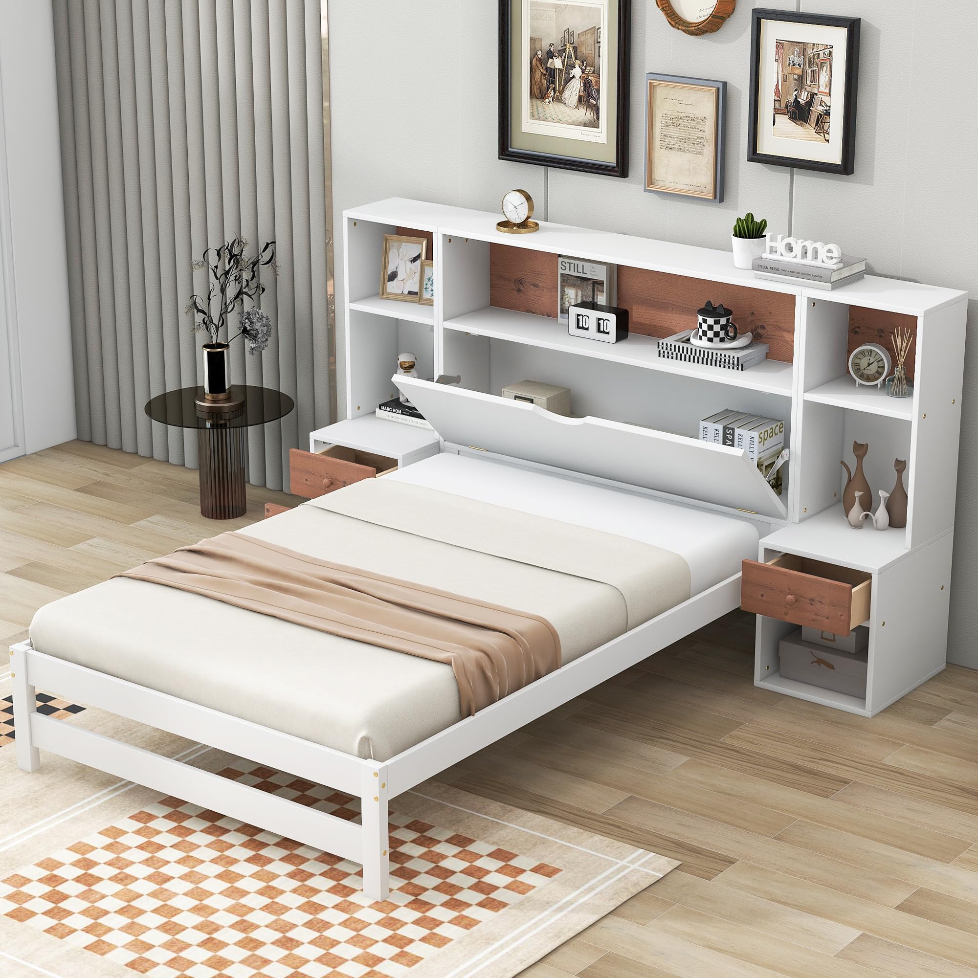 Twin Bed Frame with Storage Headboard and Drawers, Wood Twin Size Platform Bed with Flip-top Storage and Open Shelves, Twin Size Bed with Bookcase and Built in Nightstands, White (Twin)