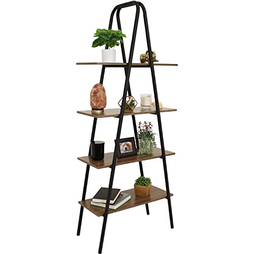 Sunnydaze 68.5-Inch H 4-Tier Industrial-Style A-Frame Ladder Shelf - MDP Shelves with Powder-Coated Steel Frame - Brown