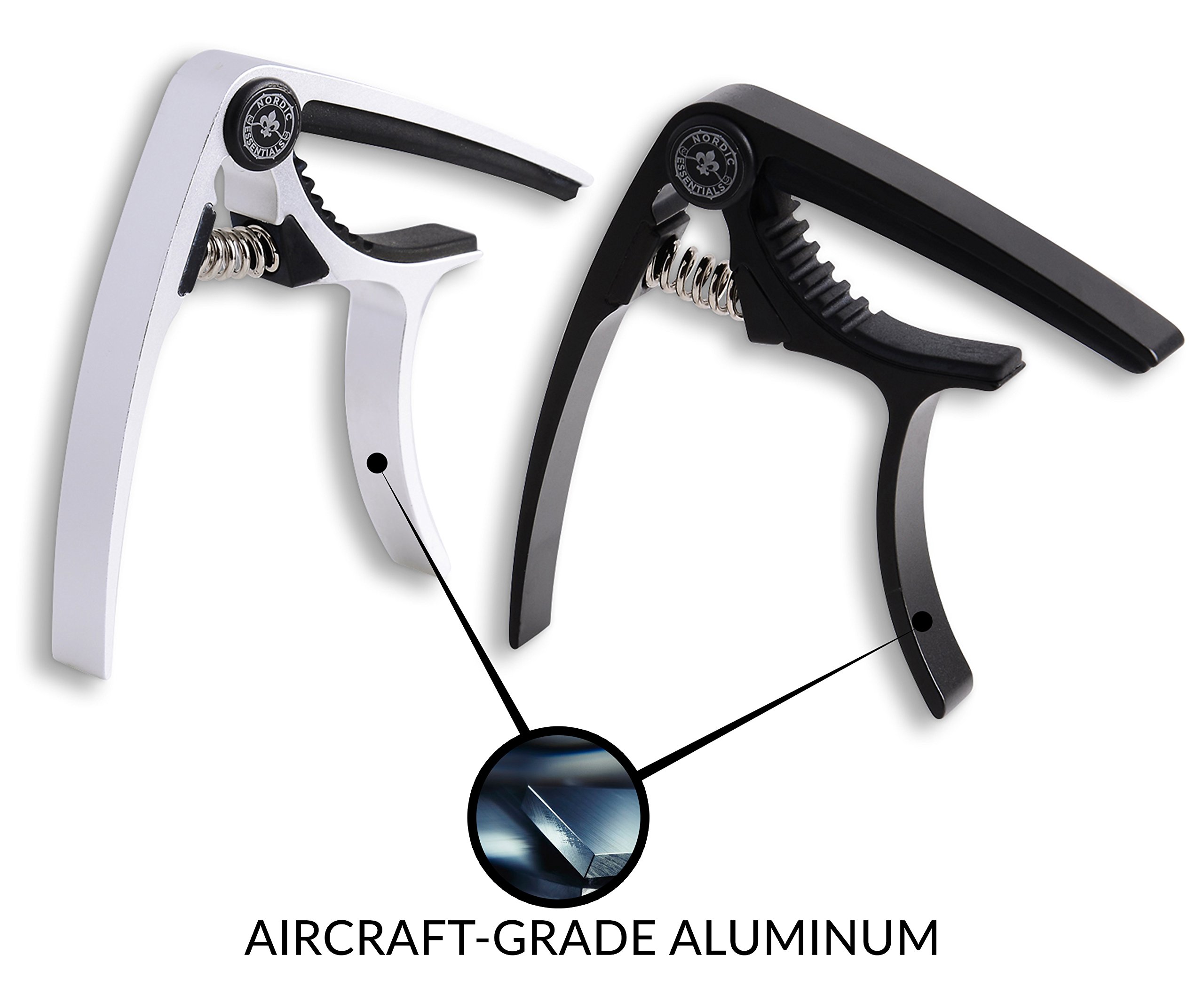Guitar Capo (2 Pack) for Guitars, Ukulele, Banjo, Mandolin, Bass - Made of Ultra Lightweight Aluminum Metal (1.2 oz!) for 6 & 12 String Instruments - Nordic Essentials, Black+Silver