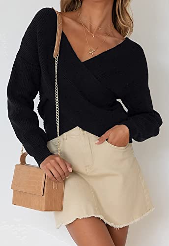 ZCSIA Women's Wrap V Neck Cropped Sweaters 2023 Fall Long Sleeve Cross Front Off Shoulder Solid Knitted Pullover Tops,Black,XLarge