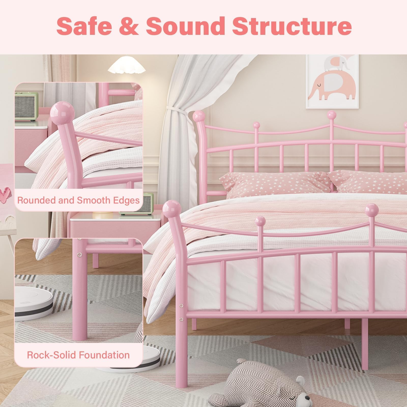 Twin Bed Frame with Crown-Shaped Headboard, Princess Bed for Kids/Girls, Heavy Duty Metal Platform Bed with Iron-Art Headboard and Footboard, No Box Spring Needed, Easy Assembly, White