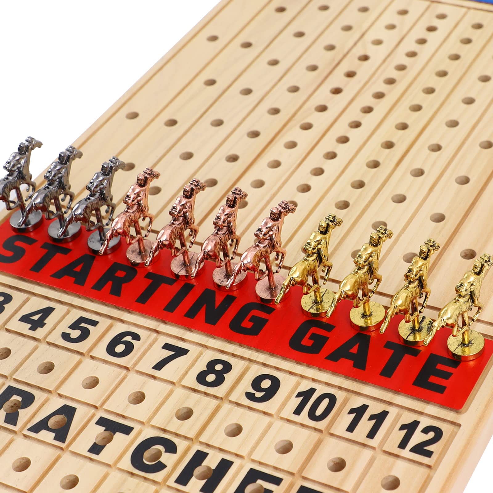 Grhonior Large 21 inches Horse Racing Board Game with 11 Luxury Metal Horses Thickened Wood Game Chessboard Including Dice and Cards FINISH LINE Race Game Board