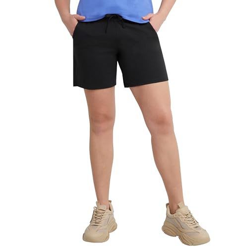 Hanes Women's Pocket Drawstring Cotton Inseam Shorts, Black, Large