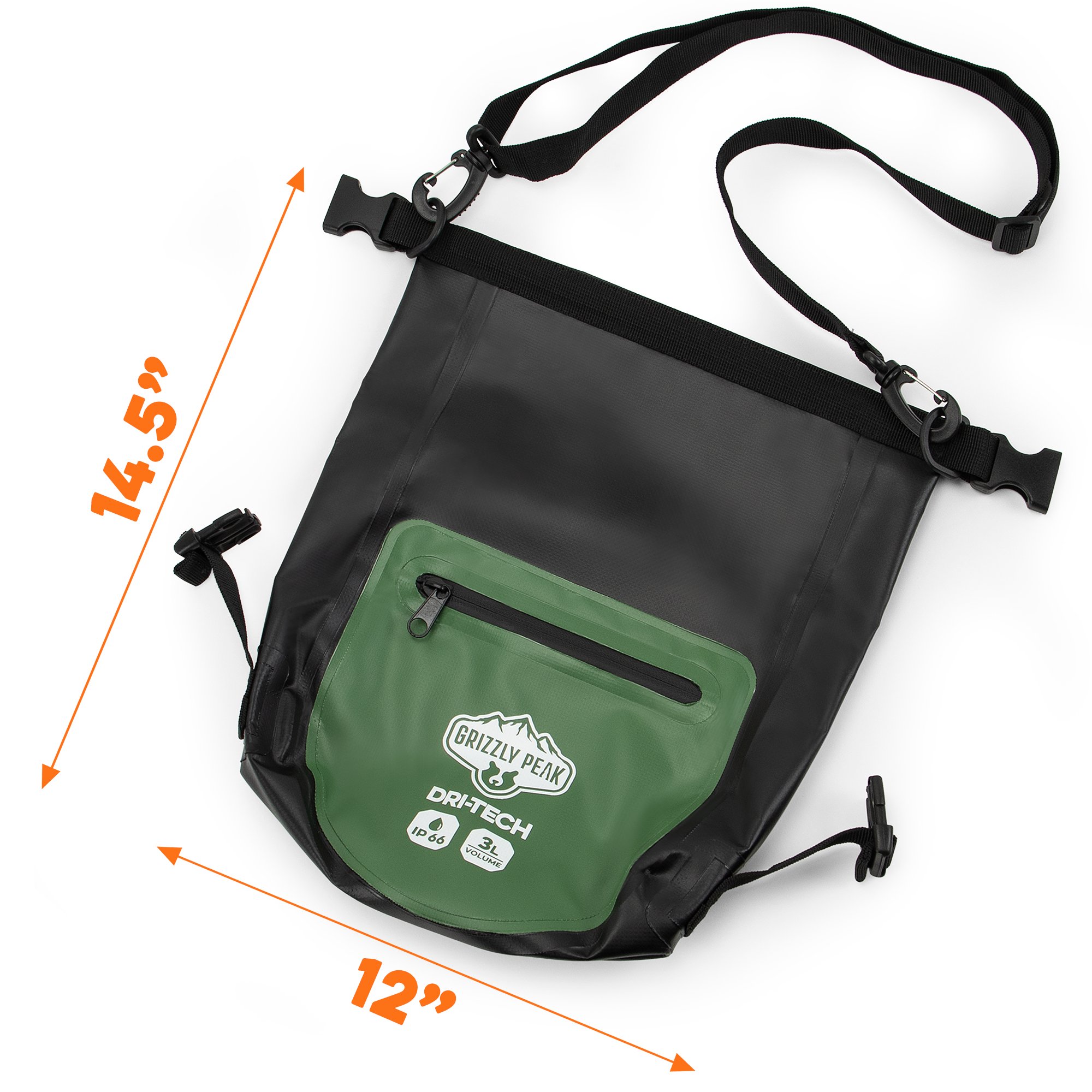 Grizzly Peak 3L Dri-Tech Waterproof Dry Satchel, IP 66 Lightweight Roll-Top Dry Bag with Adjustable Strap β Sack for Protecting Valuables & Belongings for Camping & Outdoor Activities