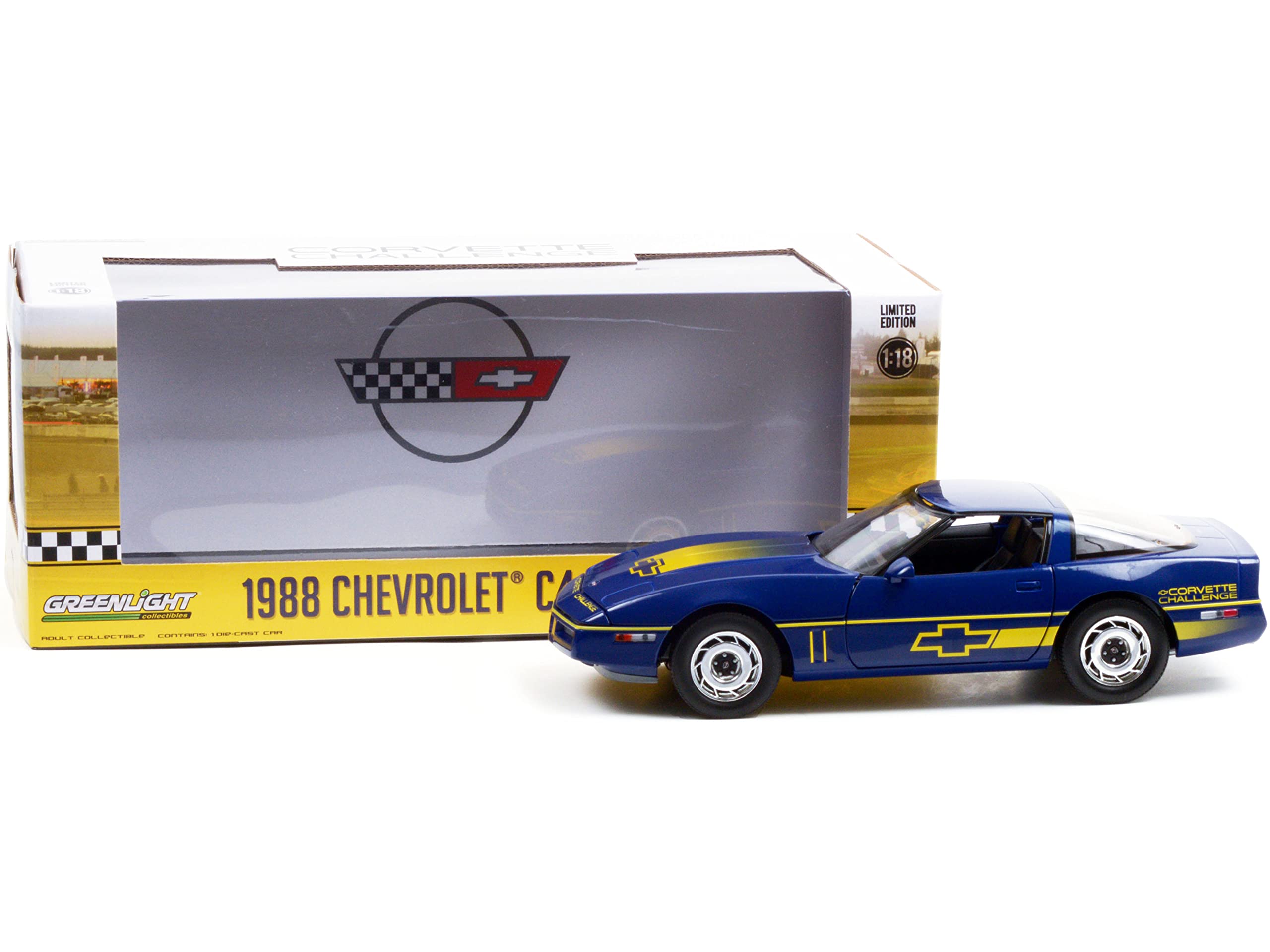 Greenlight Collectible 1988 Chevy Corvette C4 Dark Blue with Yellow Stripes Corvette Challenge Race Car 1/18 Diecast Model Car by Greenlight 13597
