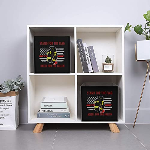 US Fireman Red Line Flag Collapsible Storage Bins Cubes Organizer Trendy Fabric Storage Boxes Inserts Cube Drawers 11 Inch