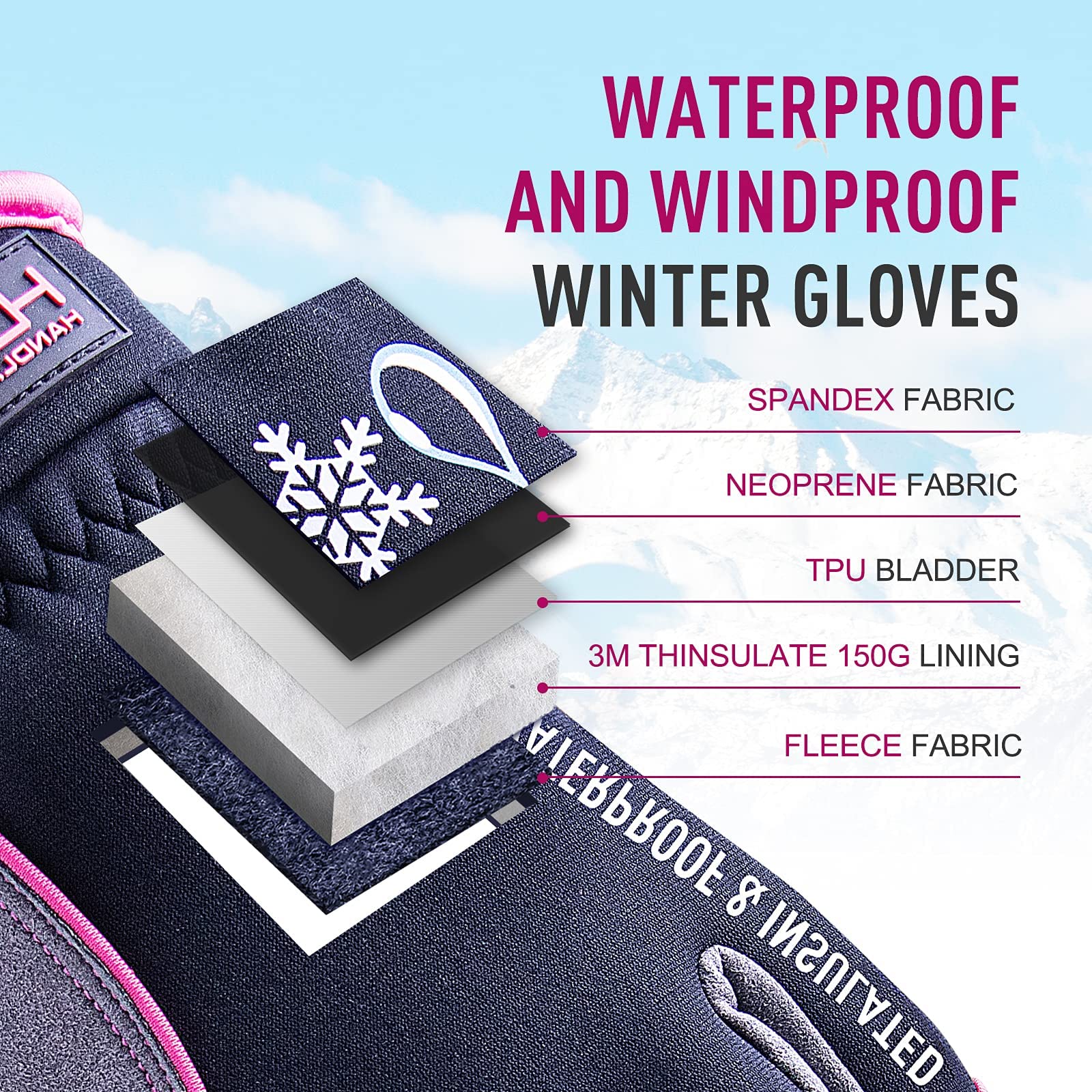 HLDD HANDLANDY Waterproof & Windproof Winter Gloves for Women, Touchscreen Thermal Gloves for Cold Weather, Ski Snowboard Work Gloves with 3M Warm Lining (S, Pink)