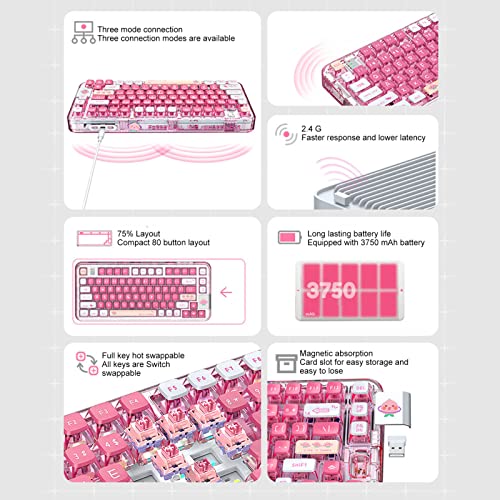 Sanpyl Mechanical Keyboard, 2.4Ghz Noise Reduction Pink Type C Wired Keyboard, 3750mAh Battery 2 Layer Keycaps Wireless Gaming Keyboard, with RGB Backlight for iOS for Windows