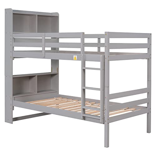 Twin Over Twin Bunk Beds, Wood Bunk Bed with Bookcase Headboard, Solid Wood Bed Frame with Safety Rail and Ladder, Kids/Teens Bedroom, Guest Room Furniture, Can Be converted into 2 Beds, Grey