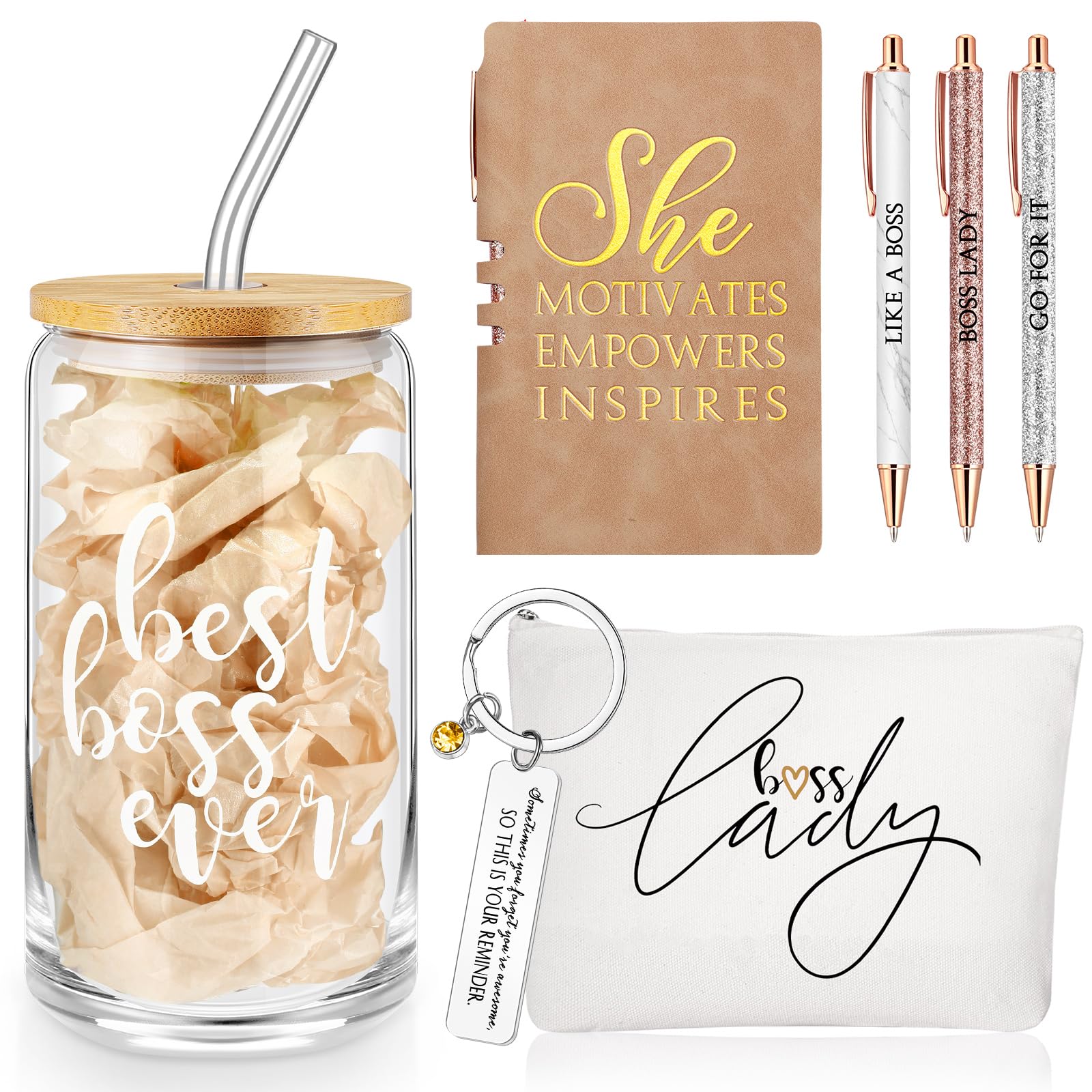 SiliFine 7 Pcs Boss Day Gift Sets Lady Thank You Gifts for Women Best Boss 16oz Glass Cup Makeup Bag Keychain A6 Notepad with 3 Ballpoints Pen Lady Leader Appreciation Day Christmas Favor(Brown)