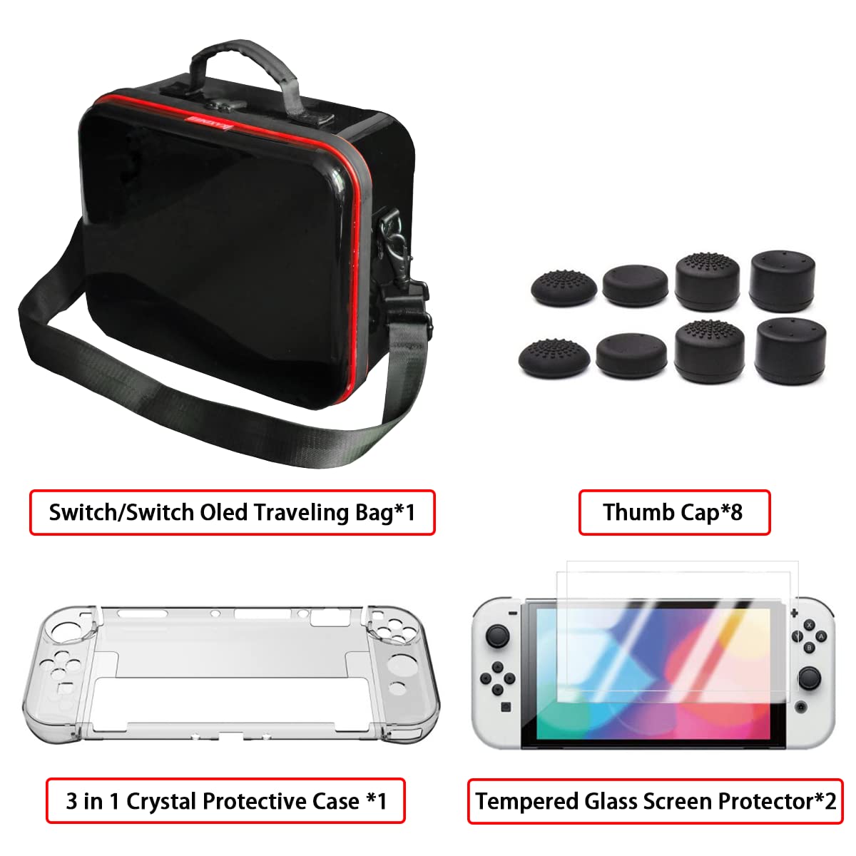 KAXIMEII Carrying Case for Nintendo Switch OLED,8 in 1 Switch OLED Accessories Bundle with Thumb Cap, Crystal Protective Case for Console & J-Con,Screen Protector,Hard Material Storage Bag,-Black