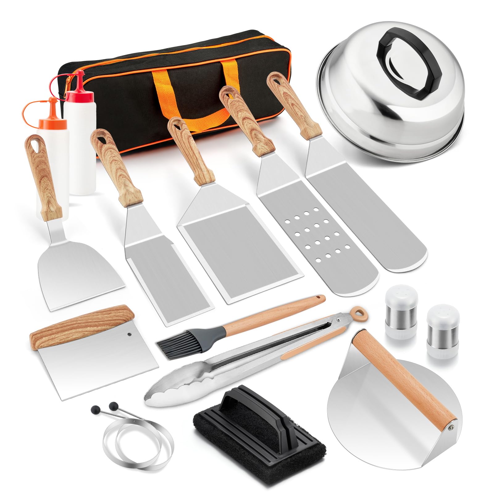 Griddle Accessories Kit of 18, HaSteeL Stainless Steel Teppanyaki Tools for Flat Top Outdoor Picnic Grilling Camping Cooking, Melting Dome, Metal Spatula, Burger Press, Easy to clean & Screwdriver