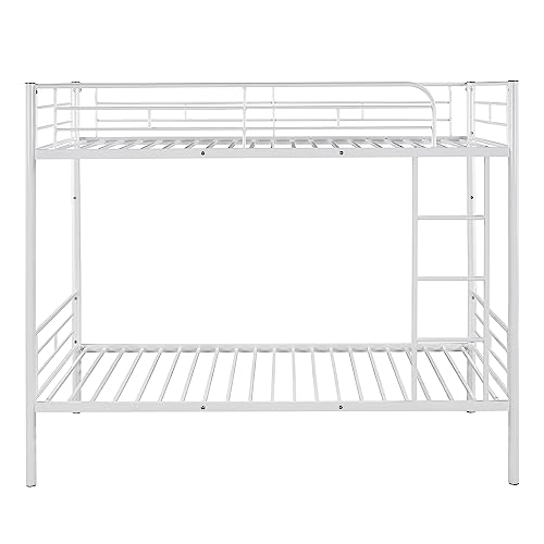 Twin Over Twin Metal Bunk Bed with Ladder and Safety Guard Rail,Heavy Duty Bunk Beds with Metal Slats for Kids Teens Adults, No Box Spring Required/Space-Saving/Noise Free/Easy Assembly (White)