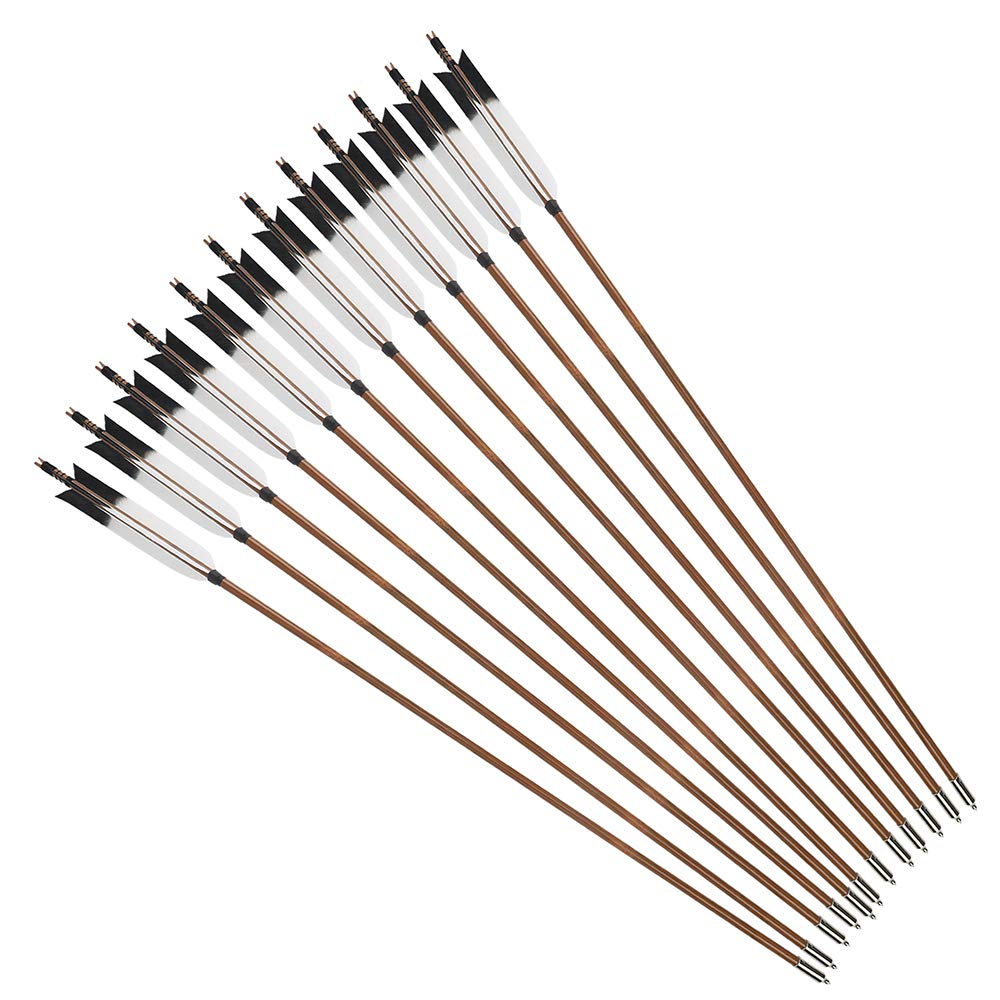 PG1ARCHERY Archery Bamboo Arrows, 12 Pack 28-39INCH Targeting Hunting Arrow Self Nock 6.2" Turkey Feather Fletched for Longbow Traditional & Recurve Bow (30 INCH)