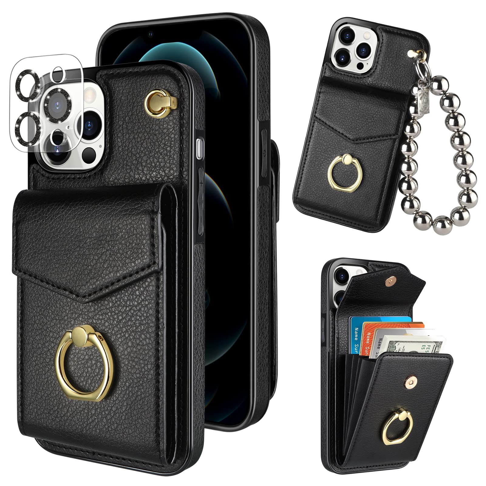 HianDier for iPhone 12 Pro MAX 6.7-inch Wallet Case with Bracelet Chain + Camera Lens Protector, with RFID Blocking Card Holder 360° Rotation Ring Stand Kickstand Protective PU Leather Cover, Black