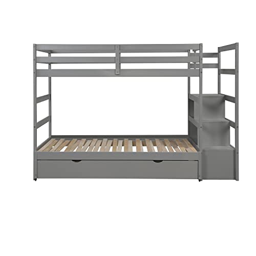 Twin Over Twin/King Bunk Beds with Trundle, New Version Wooden Bunk Beds with Storage Drawers and Stairs, Extendable Pull-Out Bunk Bed, Convertible to Twin Over King Bunk Beds (New, Grey)