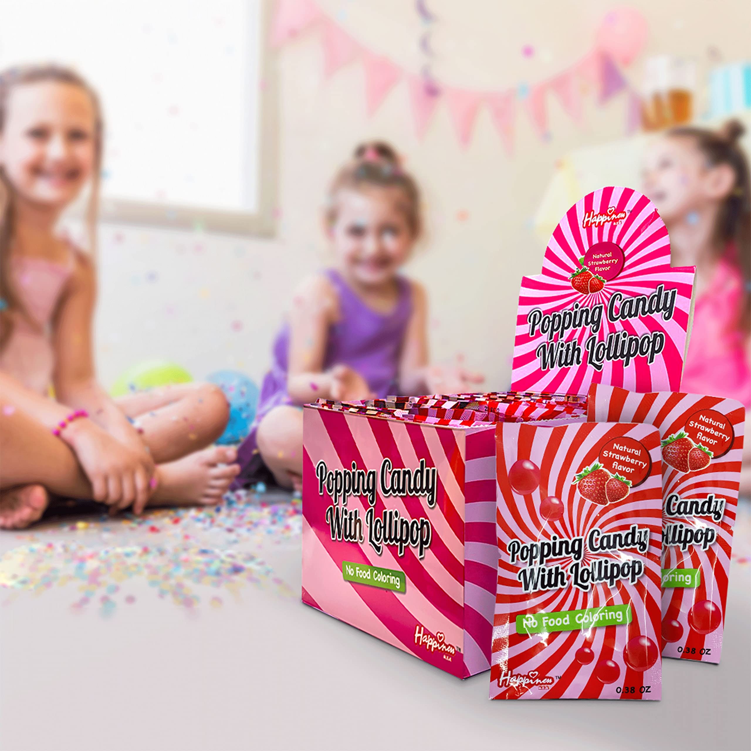 Happiness USA 50 PCS Popping Candy with Fun Dip Lollipop - All Natural No Artificial Colors or Flavors Pop Rocks Candy | Individually Wrapped Kosher Pareve Candy Pop | Non Dairy Pop Rocks Strawberry