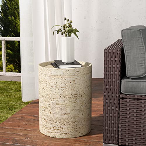 SUNBURY Concrete Side Table, Outdoor Side Table for Patio, 14" Outdoor Accent Table Patio Round Side Table End Table, Ceramic Side Table Garden Stool Log Table
