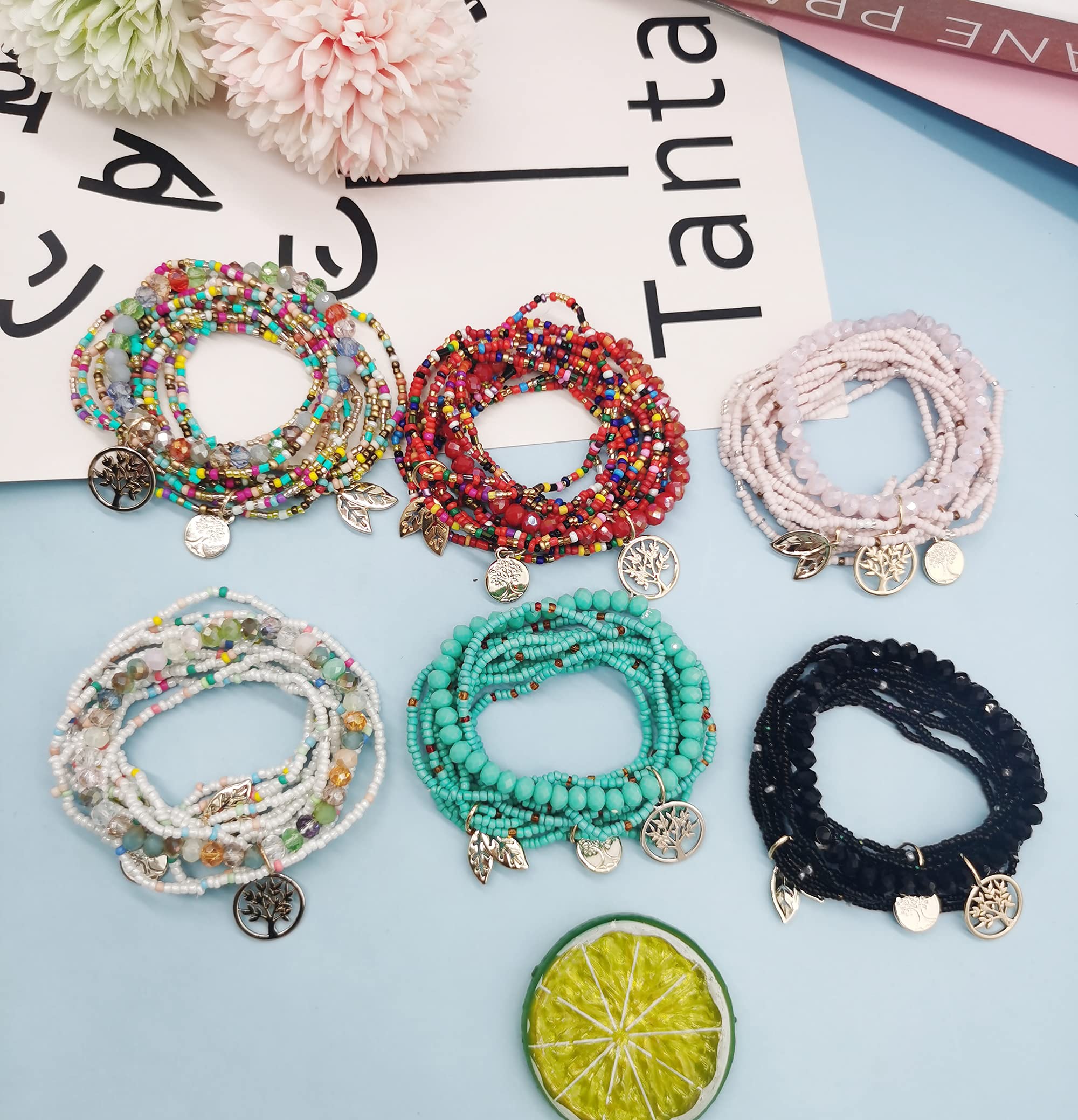 Jewdreamer 9 Pack Bohemian Beaded Bracelets for Women Boho Stackable Multilayer Stretch Bracelet Set Charm Tassel Pendant Acrylic Beaded Tree of life Statement Bangles
