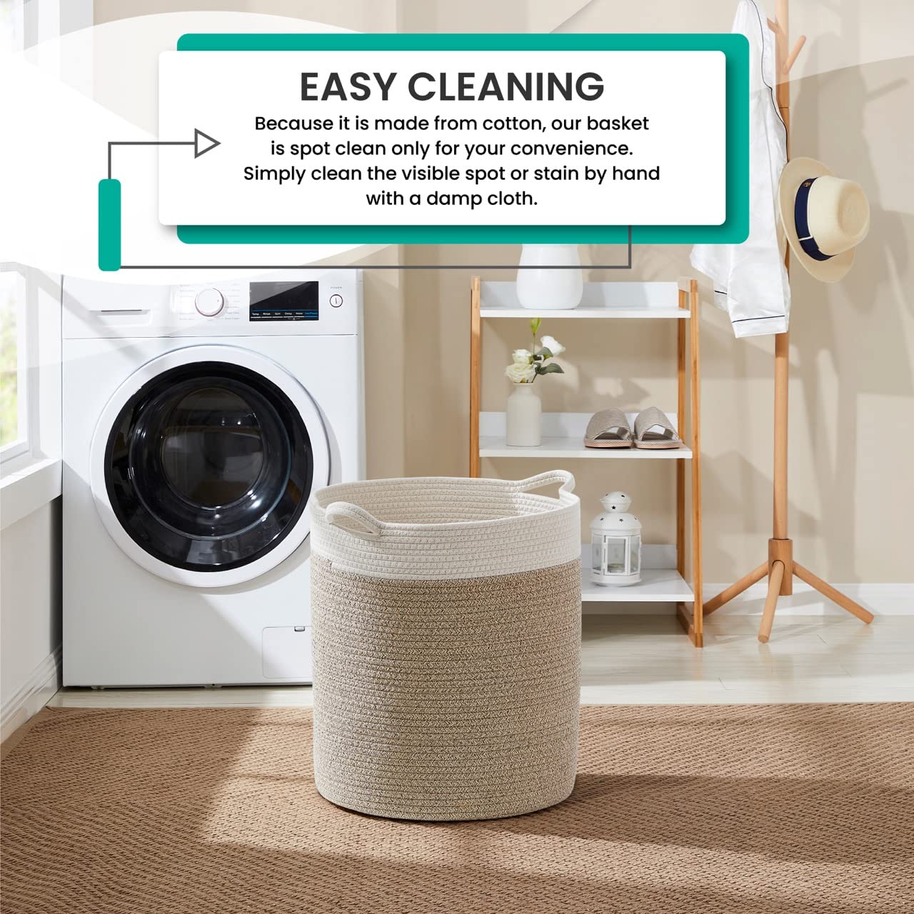 Organizix Large Cotton Rope Laundry Hamper Woven Basket with Handles, Storage Basket for Toys, Blanket, Throws, Pillows and Towels - 18 x 16, White/Beige