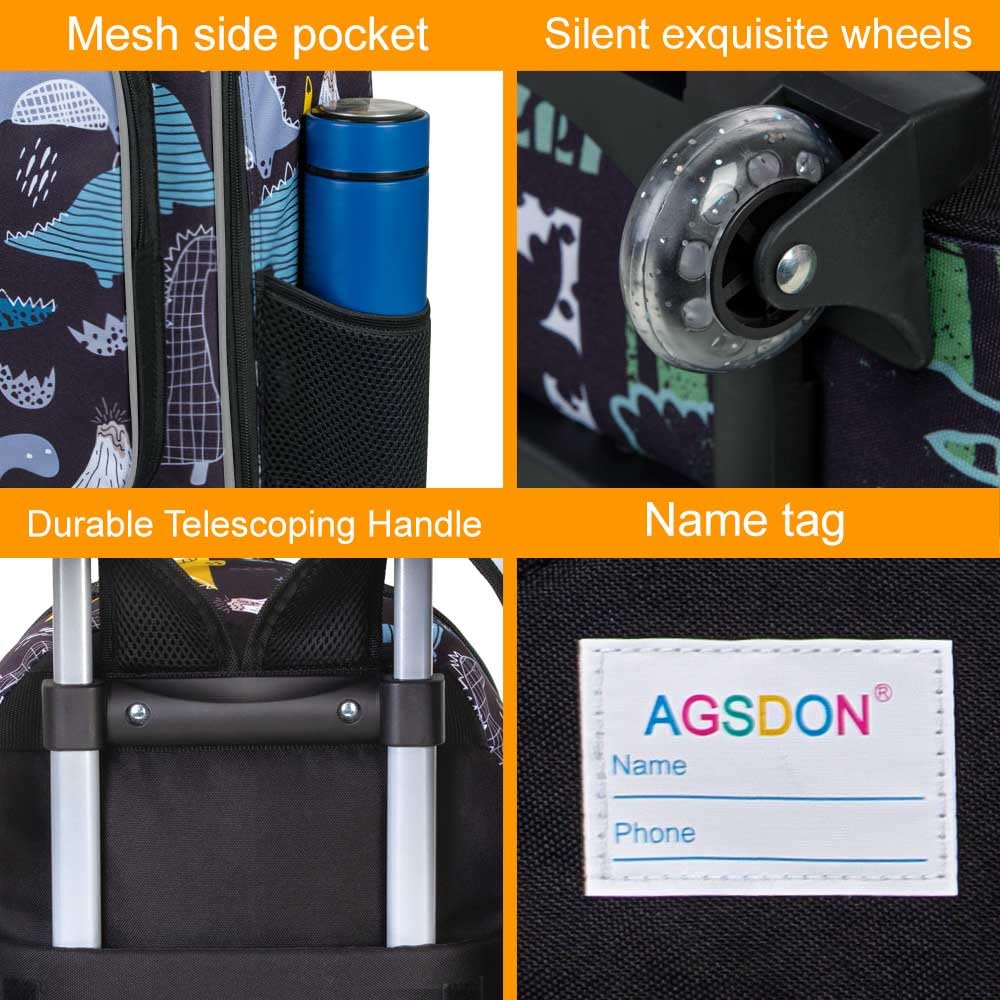 gxtvo Rolling Backpack for Boys, Roller Wheels Kids Bookbag - Wheeled Suitcase Elementary School Bag - 3PCS Dinosaur