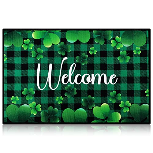 Timtin St. Patrick's Day Doormat Lucky Green Shamrocks St. Patrick's Day Doormat Irish Plaid Welcome Mat Non Slip Rubber Area Rugs for Bathroom Entrance Front Door Indoor Outdoor 15.7 x 23.6 Inch