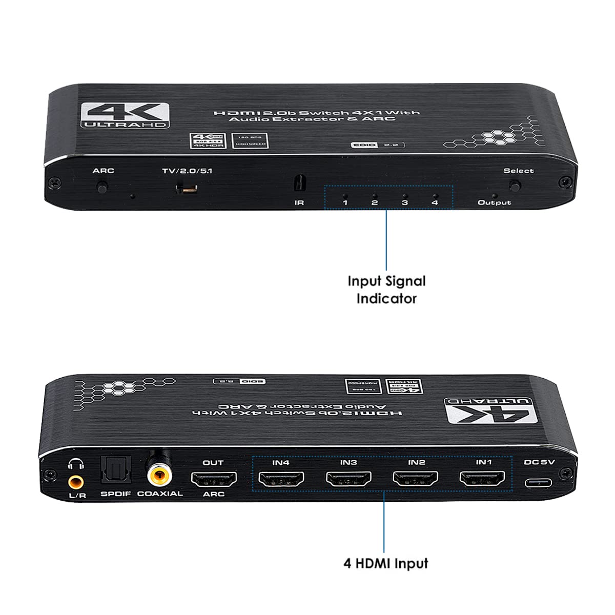 HDMI Switch 4x1 with Optical SPDIF/Coaxial/ 3.5mm L/R Audio Extractor, 4 in 1 Out 4K@60Hz HDMI Switcher Support HDMI 2.0b HDCP 2.2, ARC Function for Xbox, PS4,Blu-Ray Player (with Remote Control)