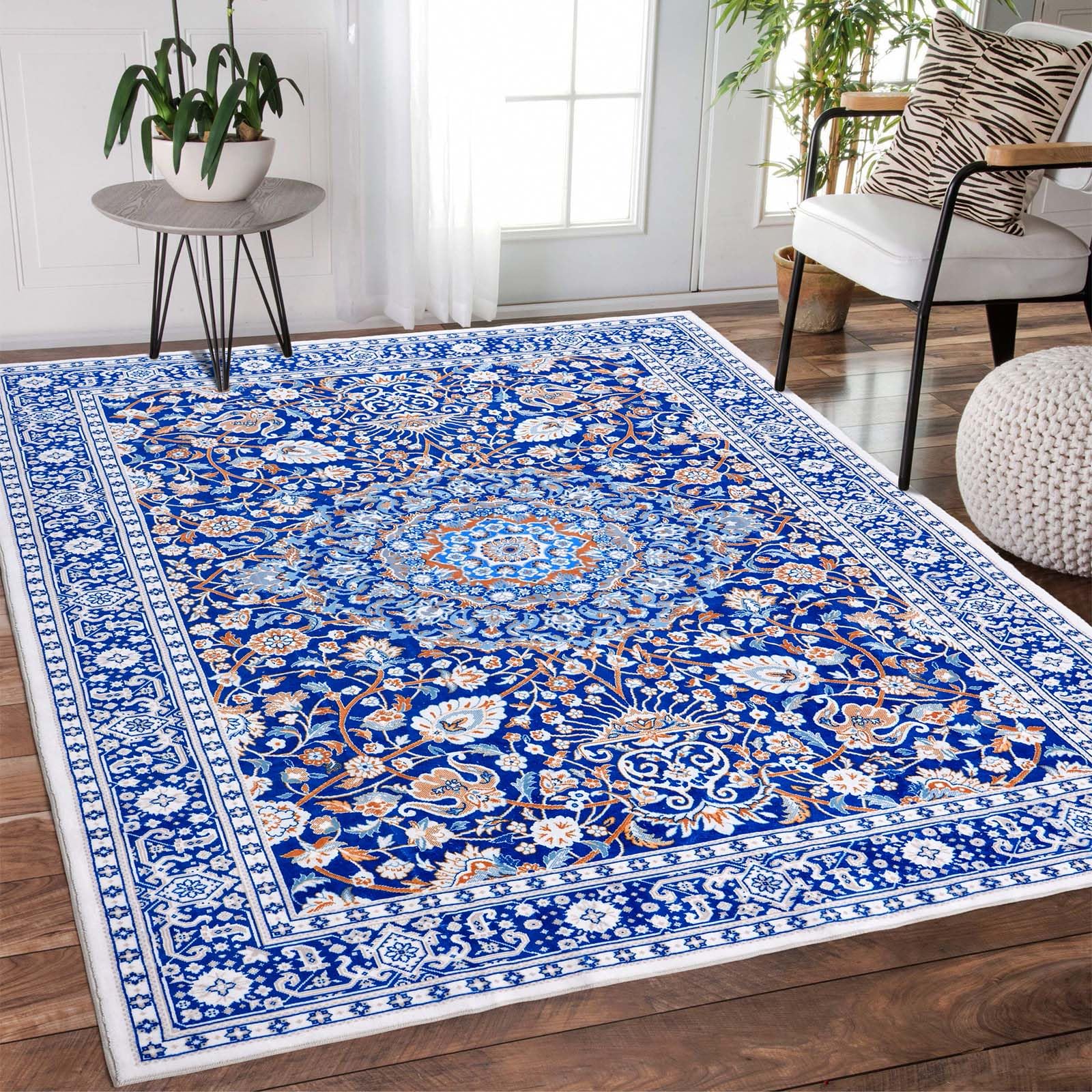 HOMETHIC Washable Area Rugs 8x10 Boho Rug Oriental Floral Soft Indoor Carpet Low Pile Non Slip Large Rugs for Living Room Bedroom Dining Room Decor Aesthetic, Blue