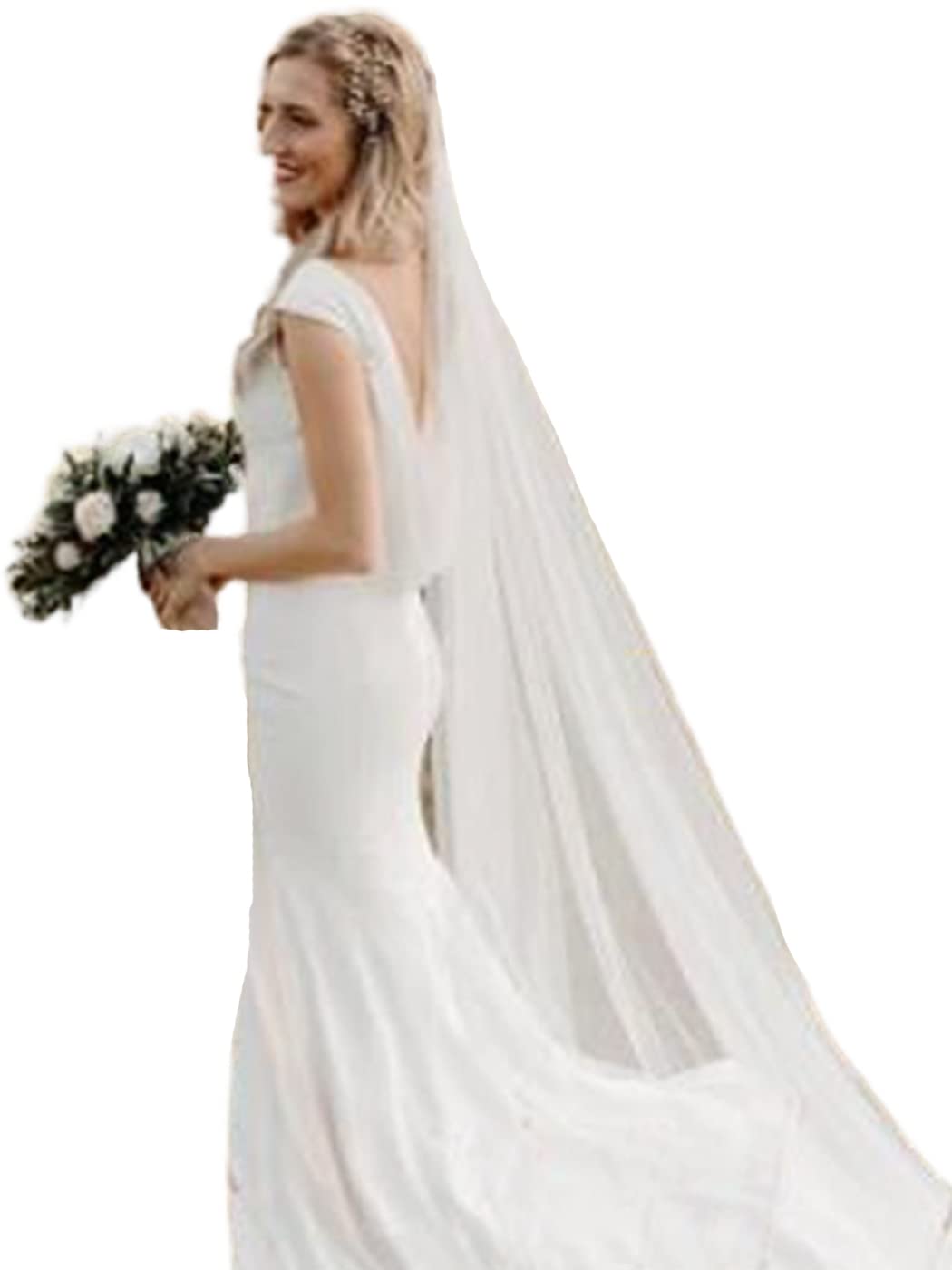 HEREAD Bride Wedding Veil 118" Long Cathedral Length Bridal Tulle Hair Accessoies with Comb and Cute Edge (118" Width, White)