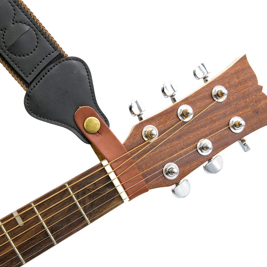 Guitar Neck Strap Leather Headstock strap Guitar Straps Lock Button Rubber Acoustic Electric Strap Blocks Accessories (Brown)