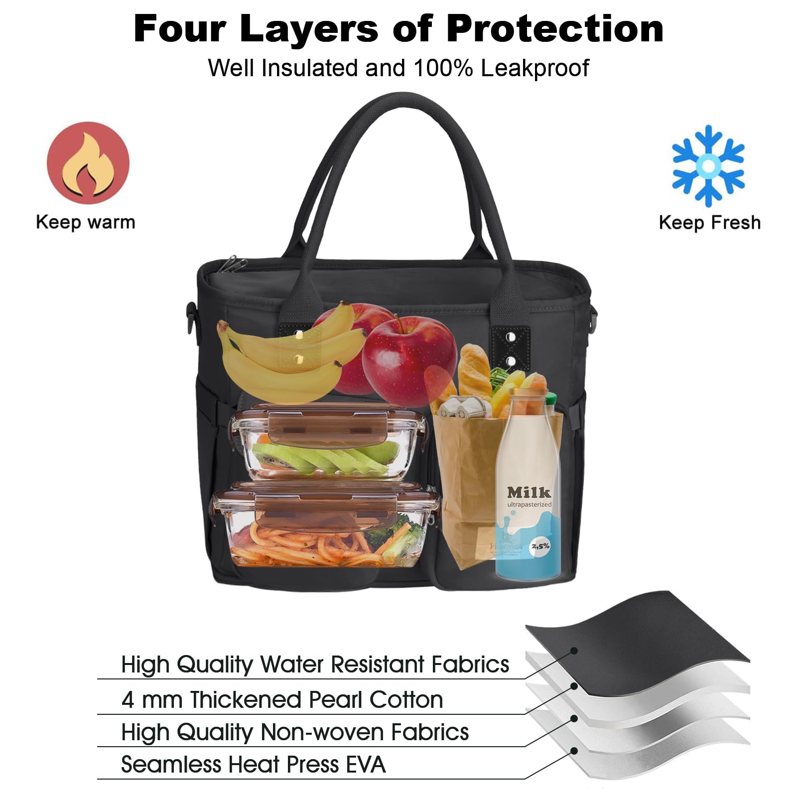 Hafmall Large Insulated Lunch Bag for Women Men, Leakproof Lunch Box for Adults, Wide Opening Lunch Tote Bag with Shoulder Strap, Reusable Lunch Cooler Bag for Work, Picnic, Black