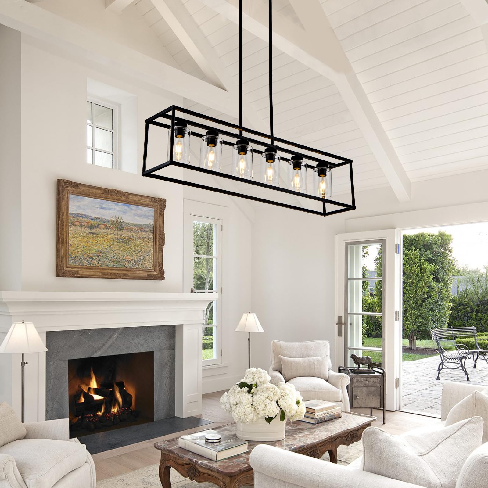 HCCZ 6 Light Dining Room Light Fixture Black Farmhouse Chandelier Kitchen Island Pendant Lighting Rectangle Modern Industrial Living Room Hanging Lights Adjustable Height