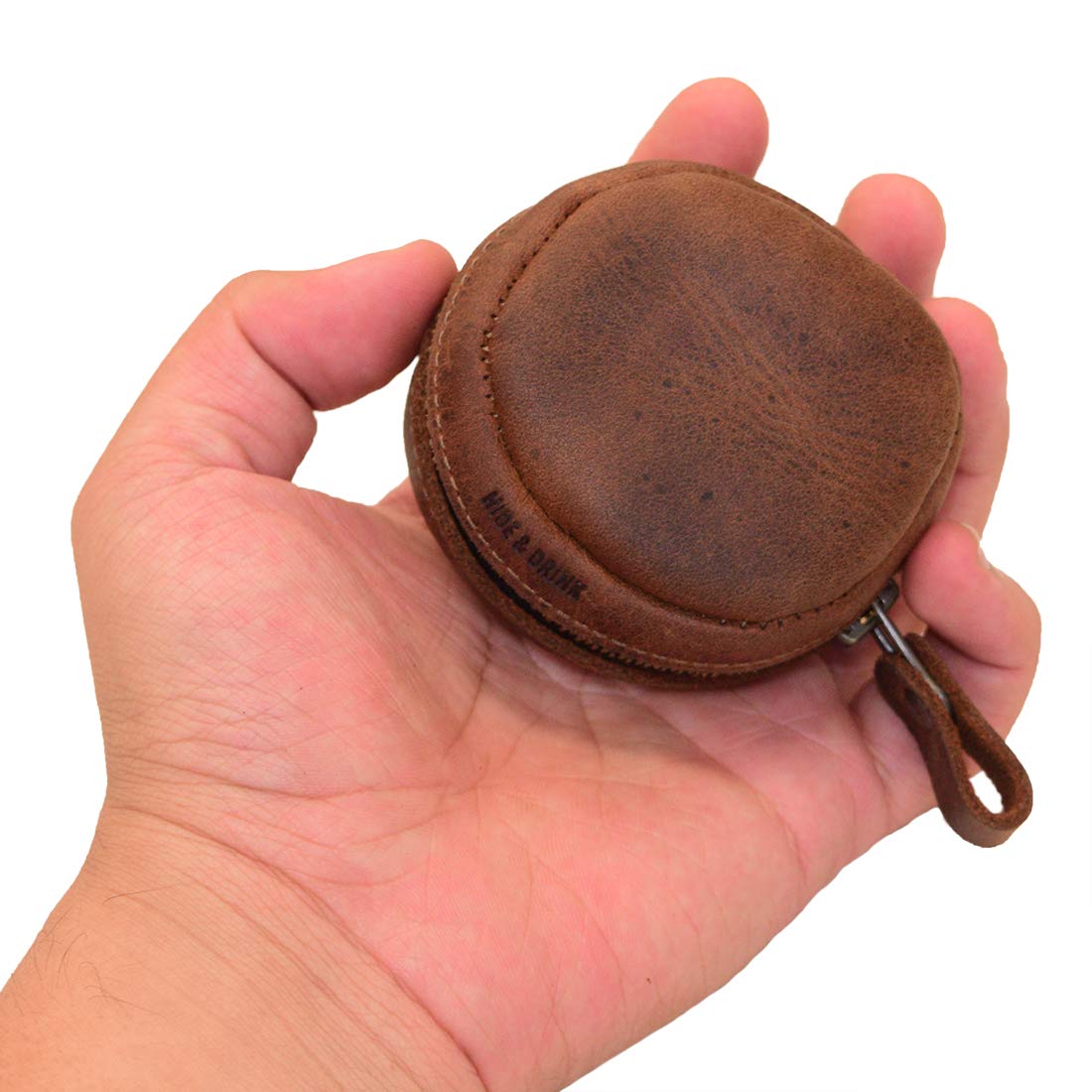 Hide & Drink, Rounded Coin Case, Zippered Wallet, Travel Pouch, Full Grain Leather, Handmade, Bourbon Brown