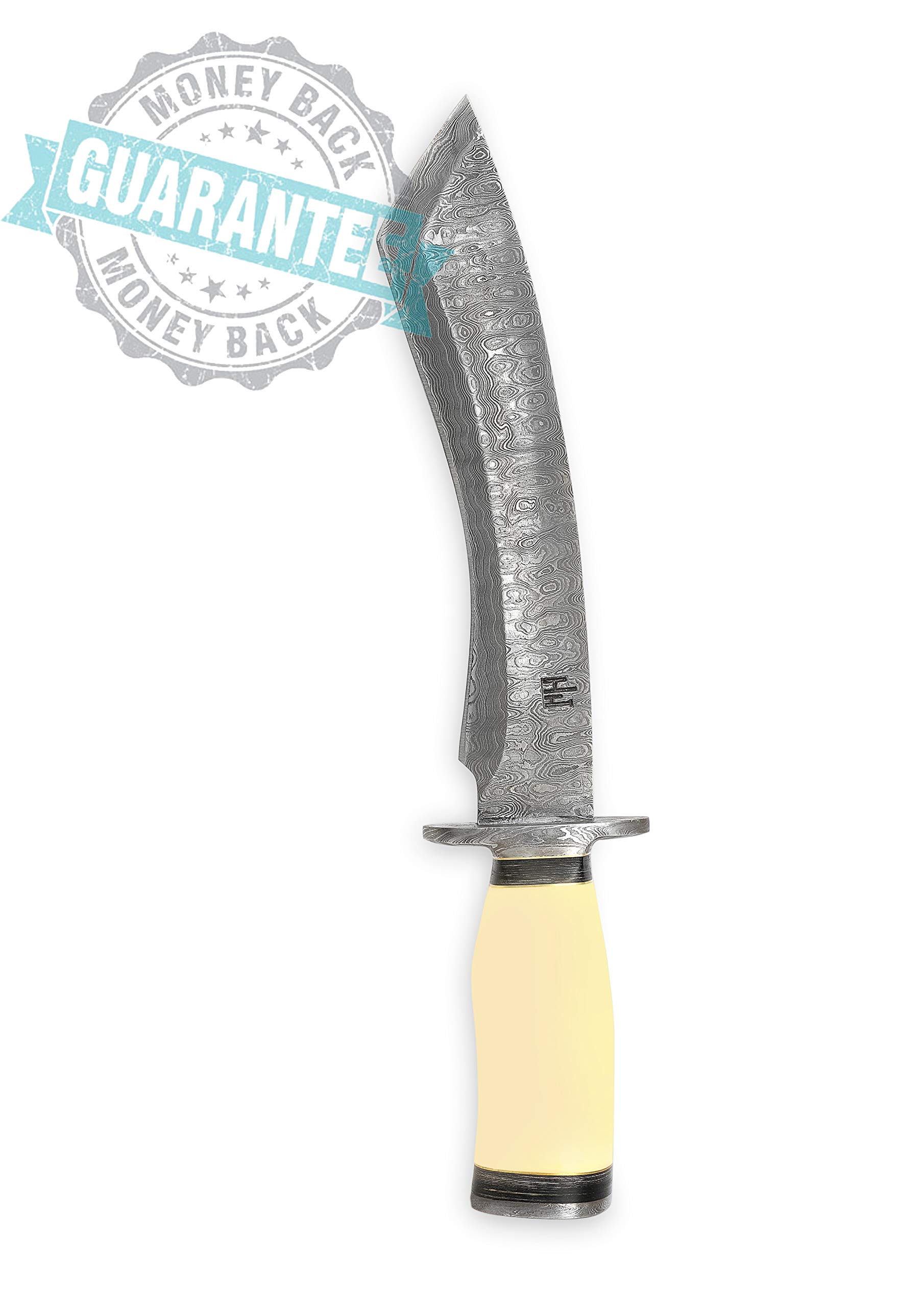 Hobby Hut HH-201, Custom Handmade 14 inch Damascus Steel Hunting Knife - Tantoo Blade - Camel Bone Handle - Leather Sheath
