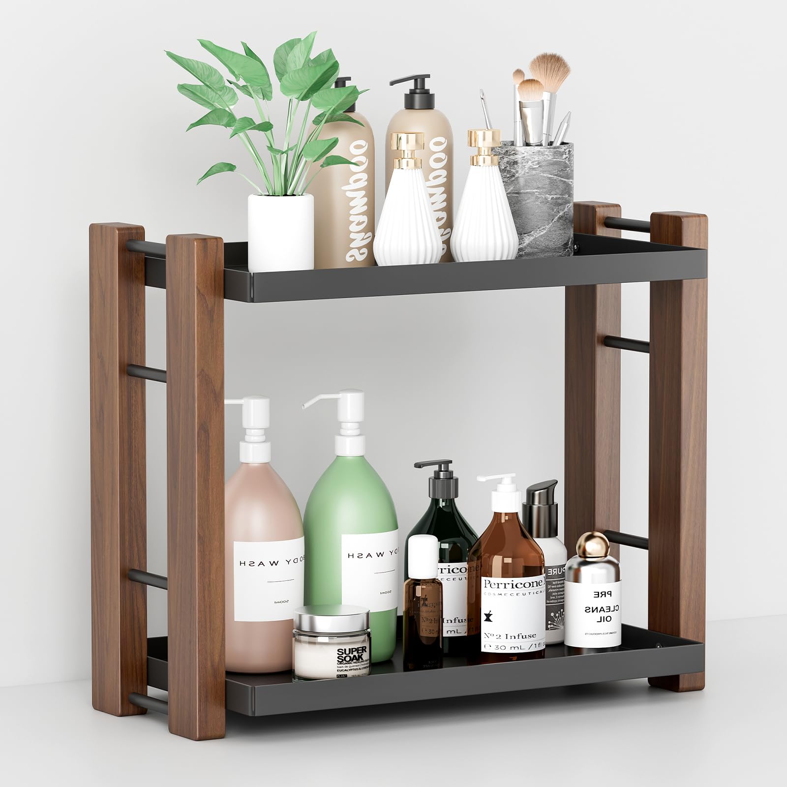 U-Chain Bathroom Countertop Organizer - 2 Tier Standing Bathroom Counter Storage,Stylish Bathroom Sink Organizer Countertop for Bathroom Decor and Organization(Solid Walnut, Stainless Steel)